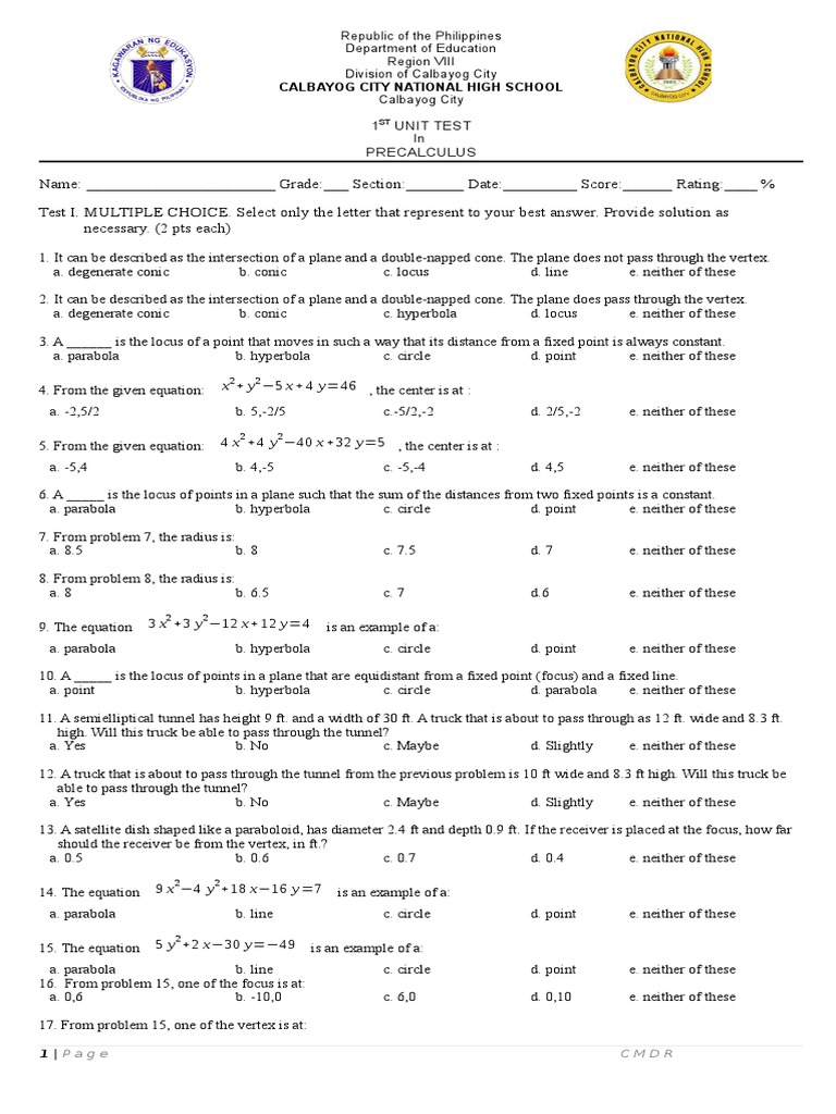 Precalculus Unit Test 1 Exam | PDF | Ellipse | René Descartes