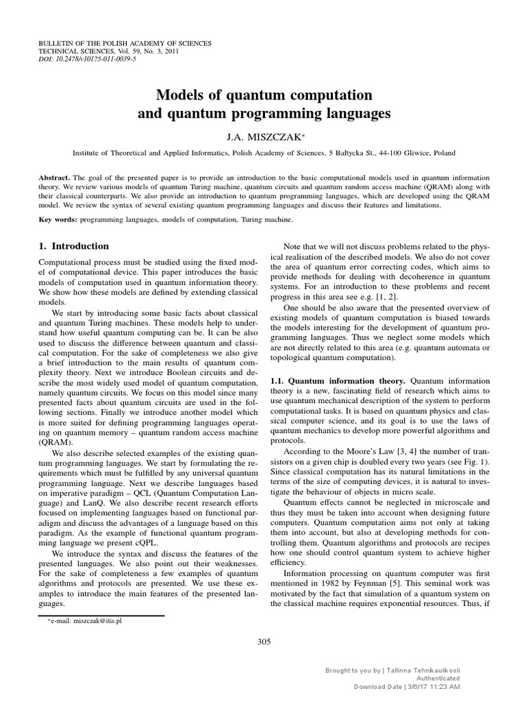 Models of Quantum Computation and Quantum Programming Languages | PDF ... Models of Quantum Computation and Quantum Programming Languages | PDF ...