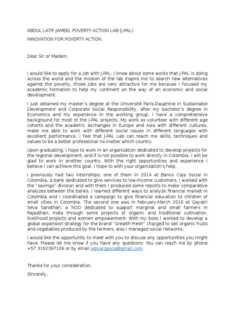 Cover Letter J-PAL Peru - English | PDF | Business | Social Science