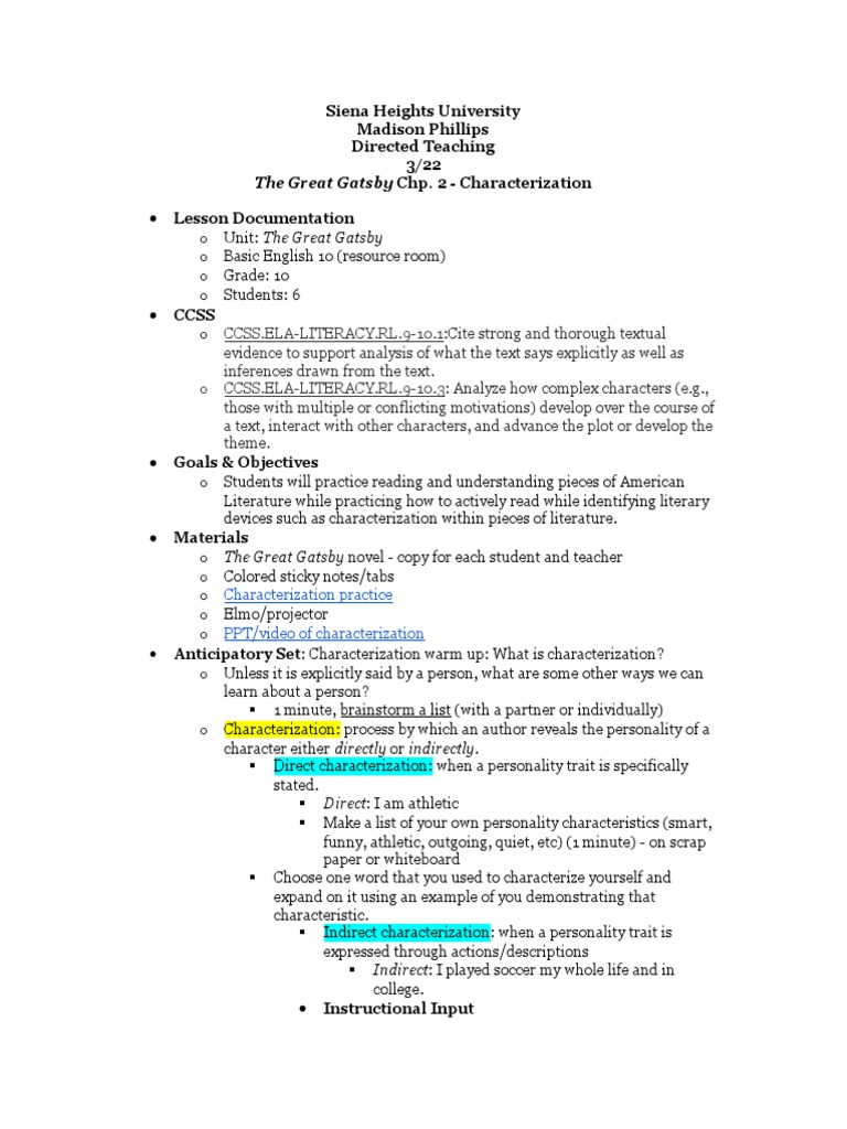 Great Gatsby Characterization | PDF | Cognition | Psychological Concepts