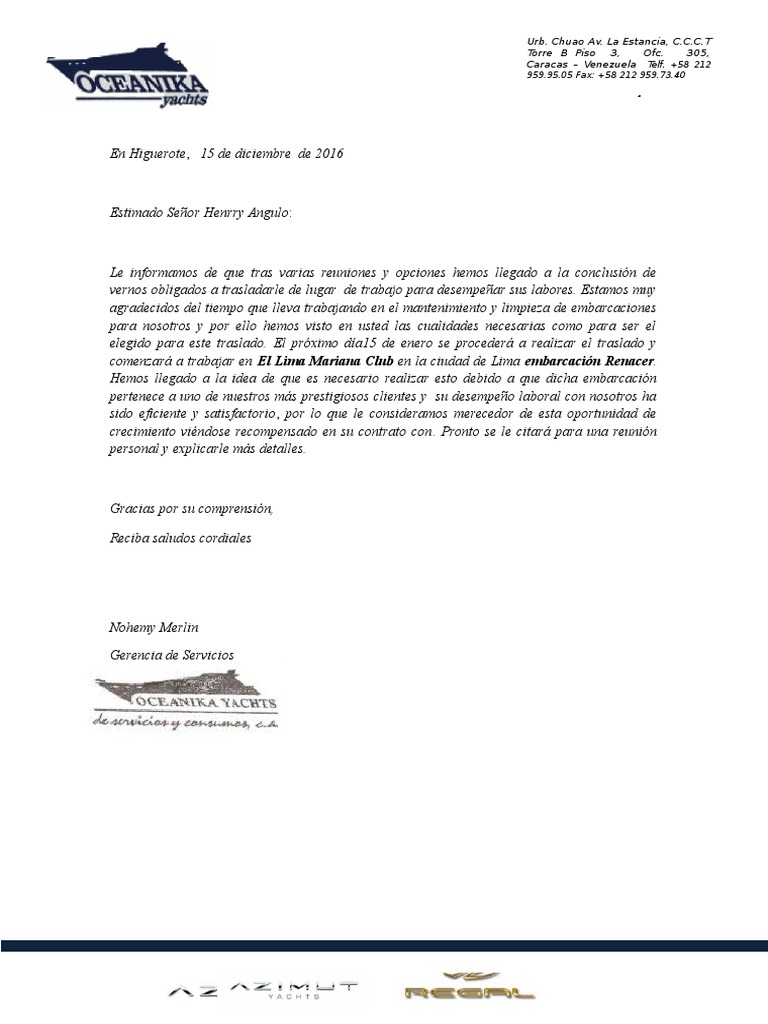 Ejemplo Carta de Traslado de Trabajo Ejemplo Carta de Traslado de Trabajo