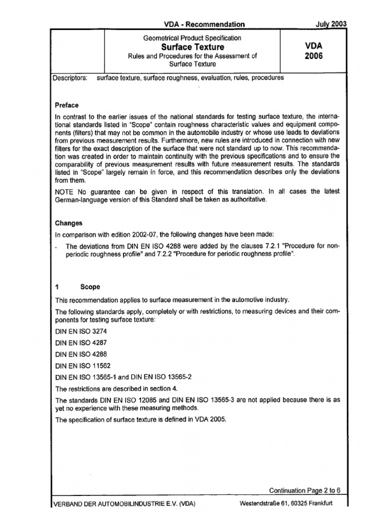 VDA 2006 - Surface Texture (Jul-03) | PDF