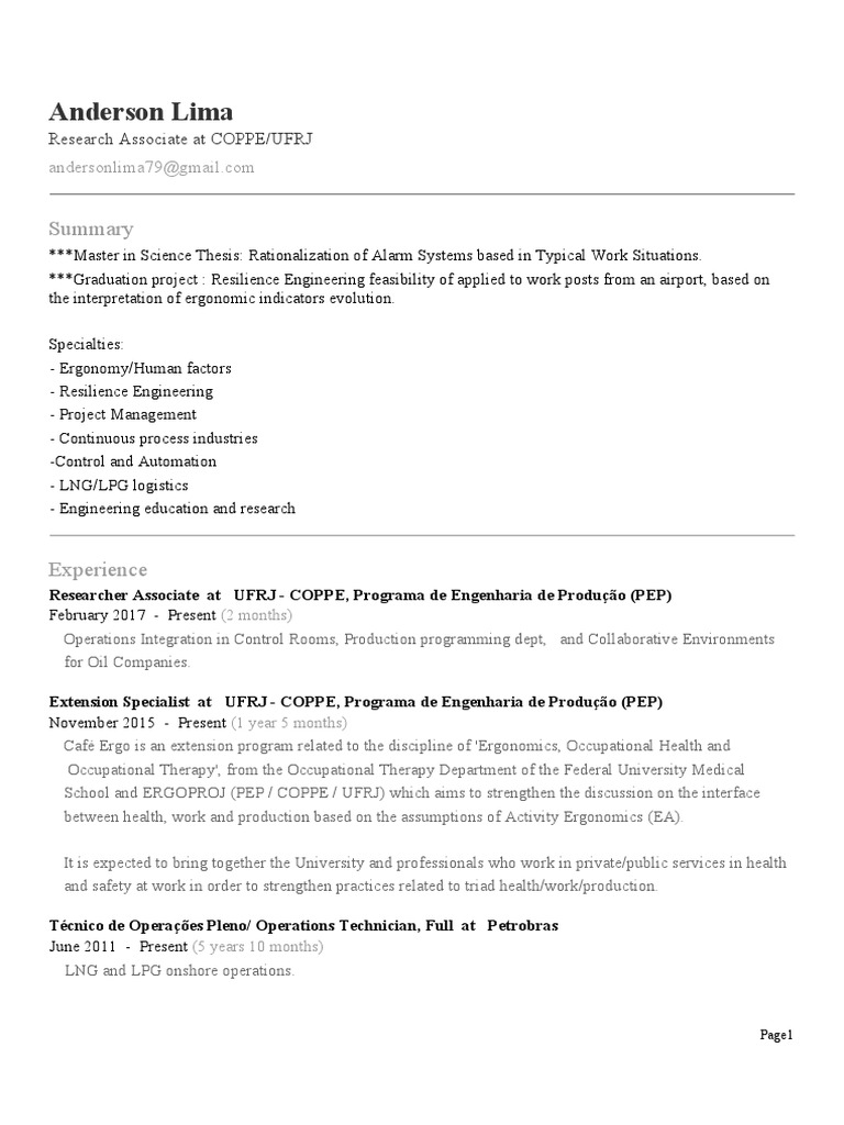 Resume ALima | Human Factors And Ergonomics | Engineering