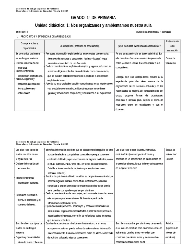 Primera Unidad de 1° A 6° Grado | PDF | Educación primaria | Aprendizaje