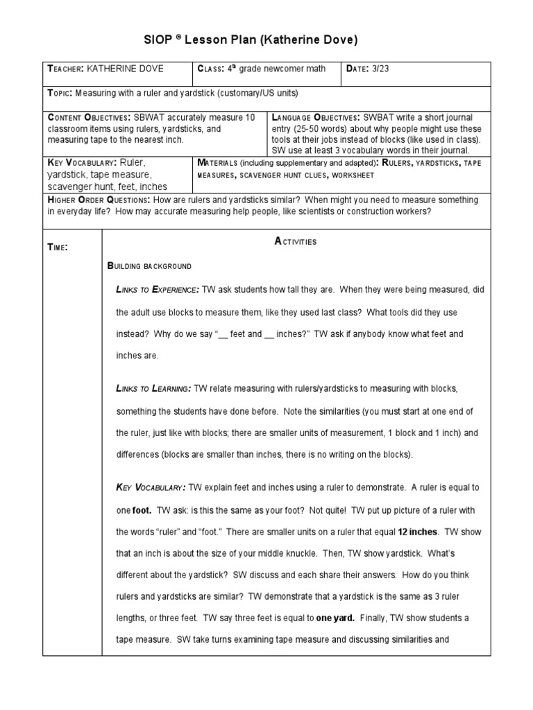Siop Lesson Plan (Katherine Dove) : T: C: D: T: C O: L O | PDF ...