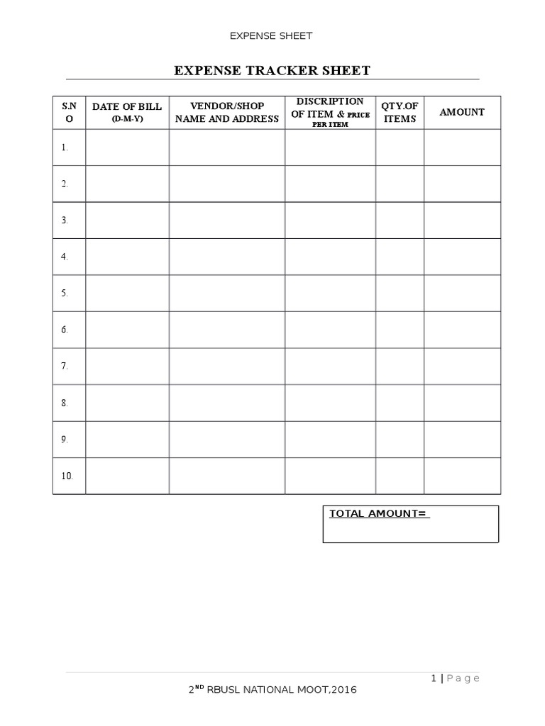 Expense Tracker Sheet: S.N O Date of Bill Vendor/Shop Name and Address ...
