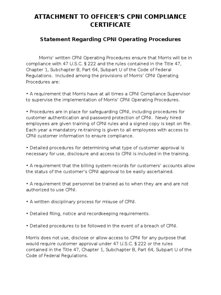 Morris Broadband Attachment To Officer's CPNI Compliance Certificate ...