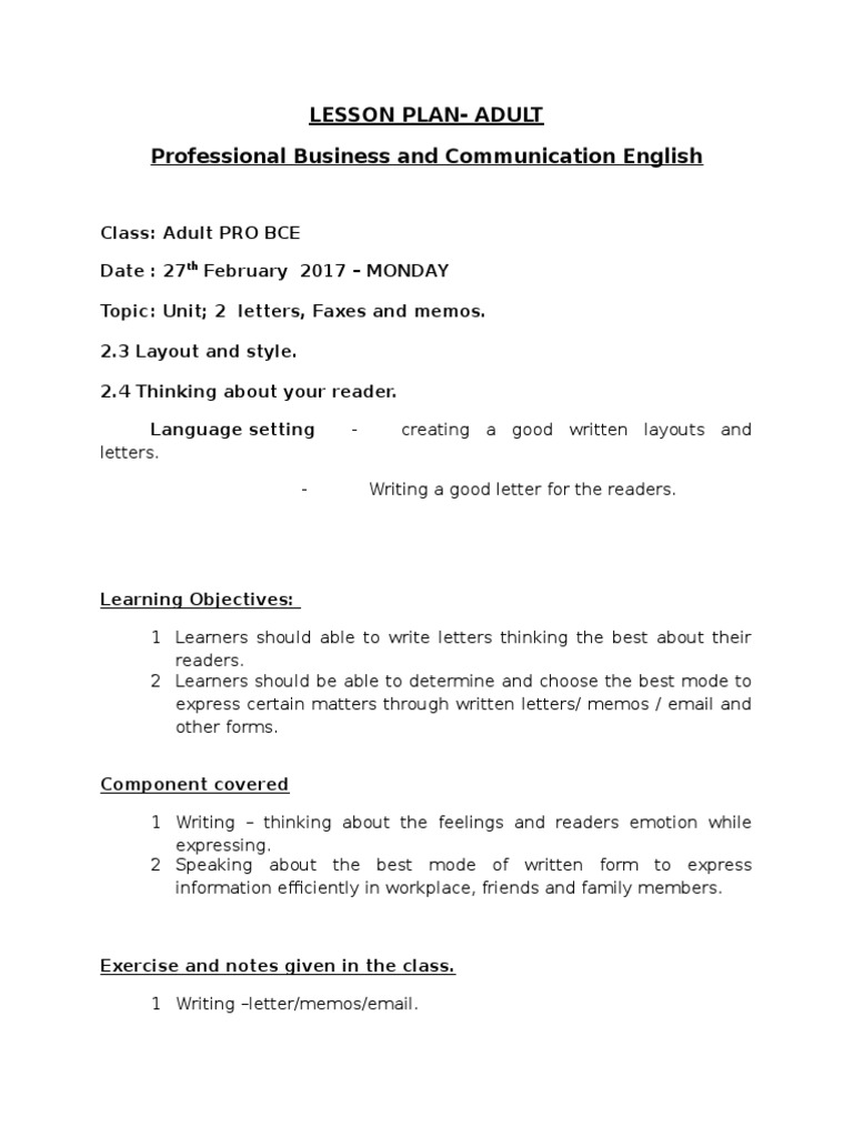 Lesson Plan-Adult Professional Business and Communication English | PDF