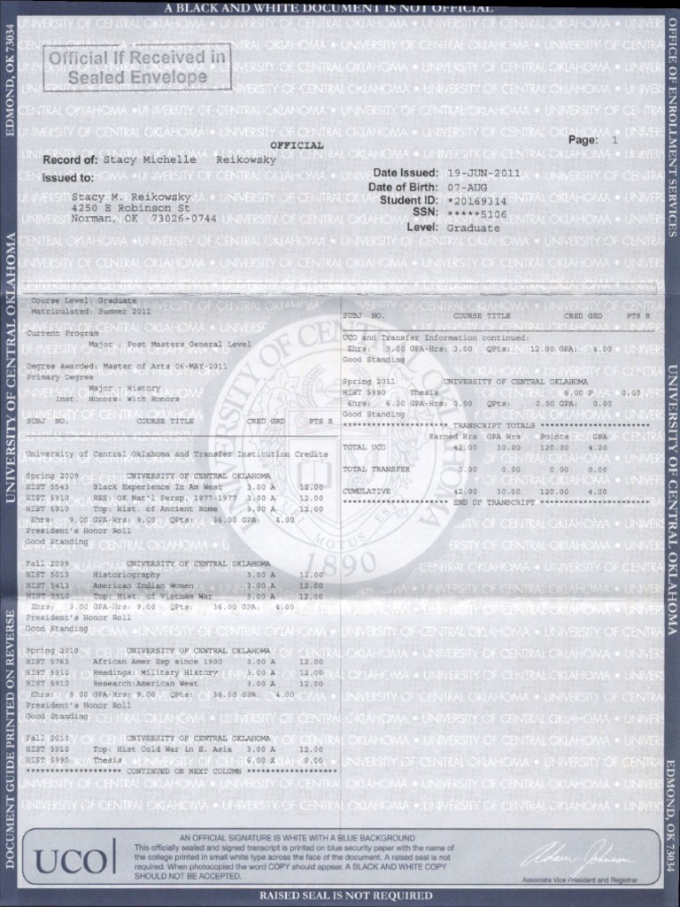 Master of Arts in History, With Honors Transcript