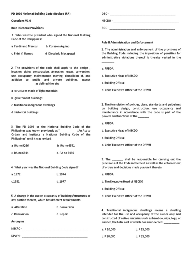 PD 1096 National Building Code Questions | PDF | Wall | Door