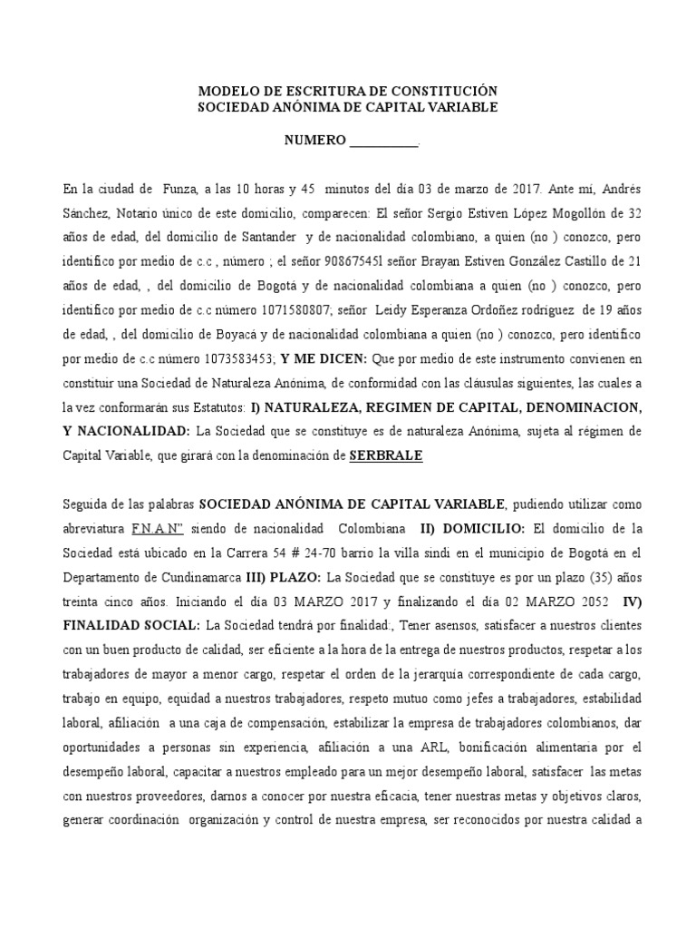 Modelo de Escritura de Constitucion | PDF | Junta Directiva | Compartir (Finanzas)