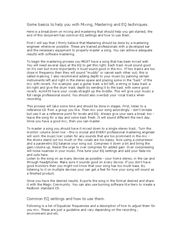 Mixing Mastering and Eq PDF | Download Free PDF | Equalization (Audio ...