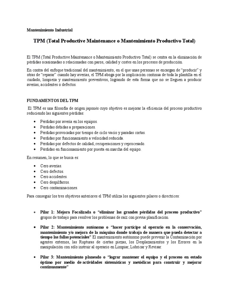 (TPM) Mantenimiento Productivo Total | PDF | Industrias | Science