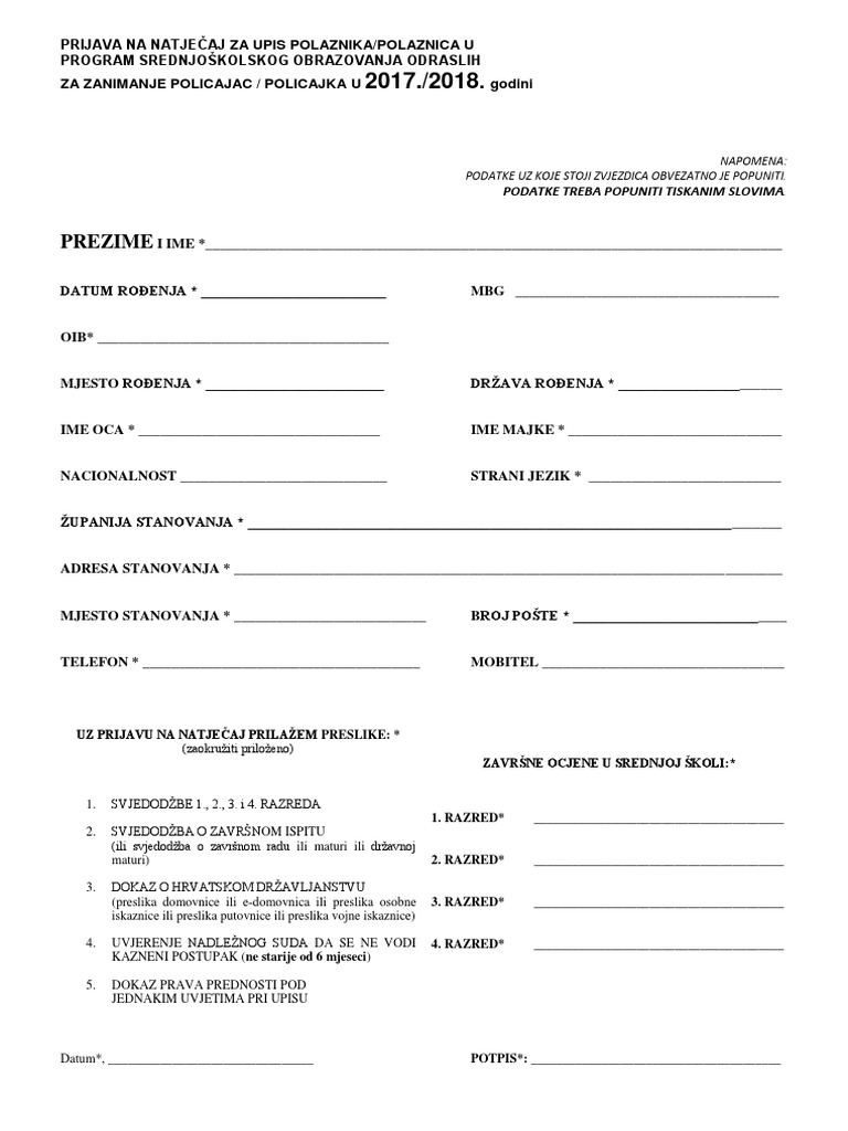 0 - Obrazac Prekvalifikacija 2017 | PDF