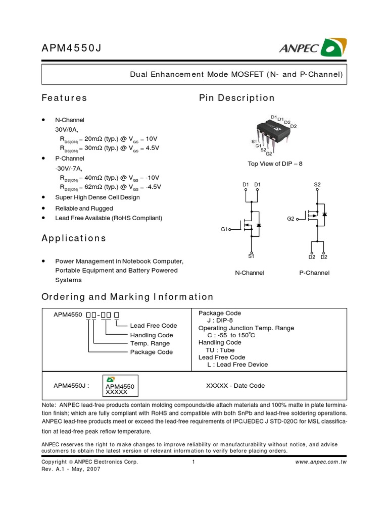 APM4550 - DUAL MOSFET CANAL N e P - DRIVER DE INVERTER - LCD PDF | PDF ...