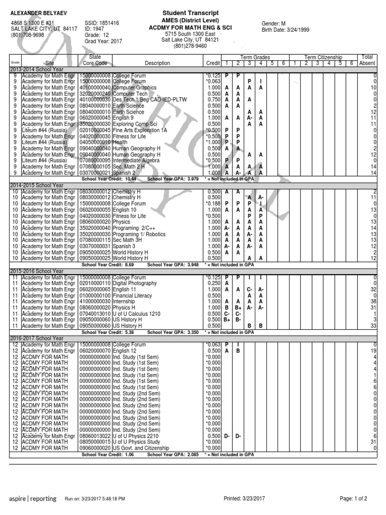 Studenttranscript | PDF | Act (Test) | Learning
