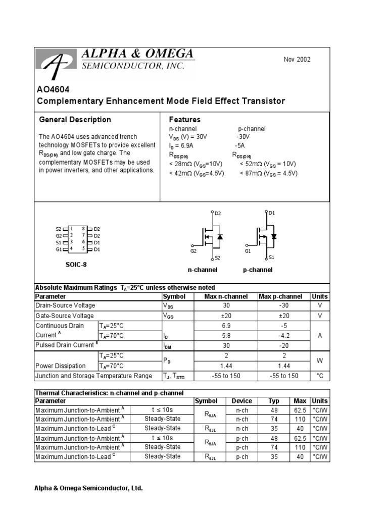 FET Doble AO4604 | PDF | Field Effect Transistor | Mosfet