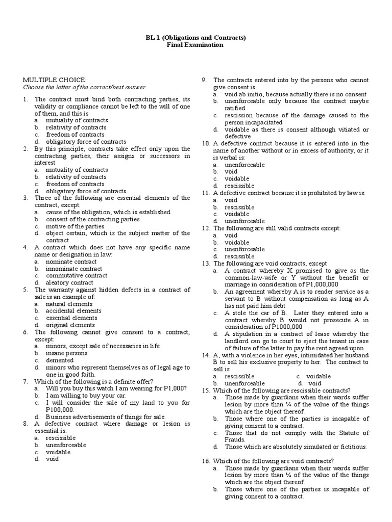 Final Exam (ObliCon) | PDF | Void (Law) | Legal Concepts
