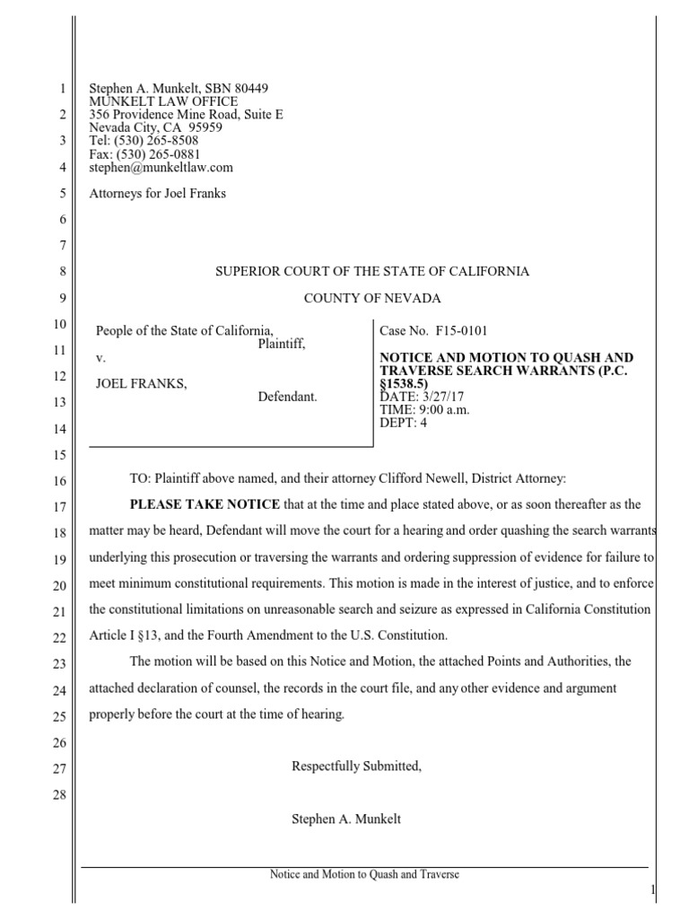 Notice and Motion To Quash and Traverse Search Warrants | PDF ...