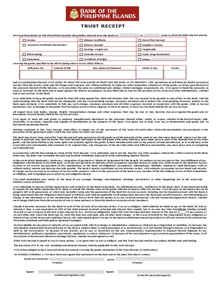 Trust Receipt Sample | PDF | Invoice | Receipt