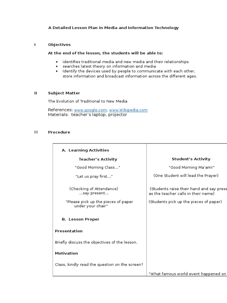 A Detailed Lesson Plan in Media and Information Technology | PDF ...