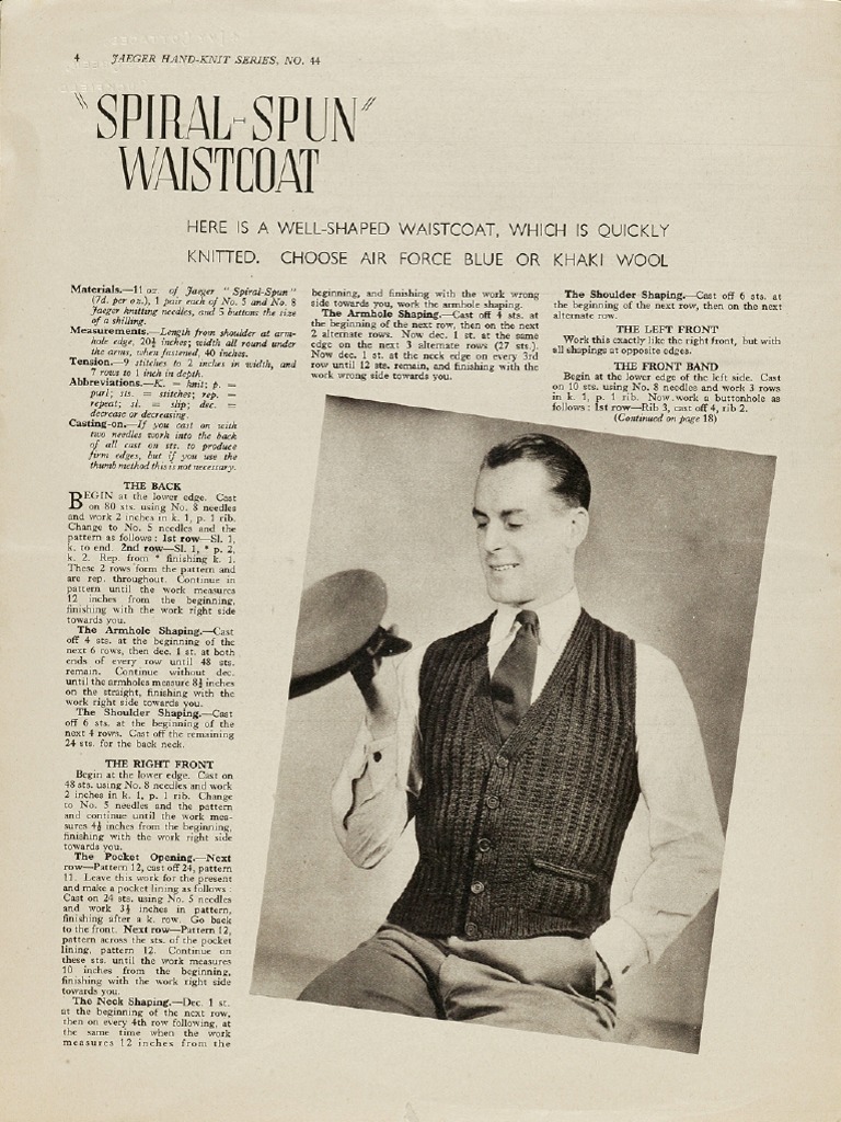 Jaeger Spiral Spun Waistcoat 1940s Knitting Pattern | PDF | Knitting | Seam (Sewing)