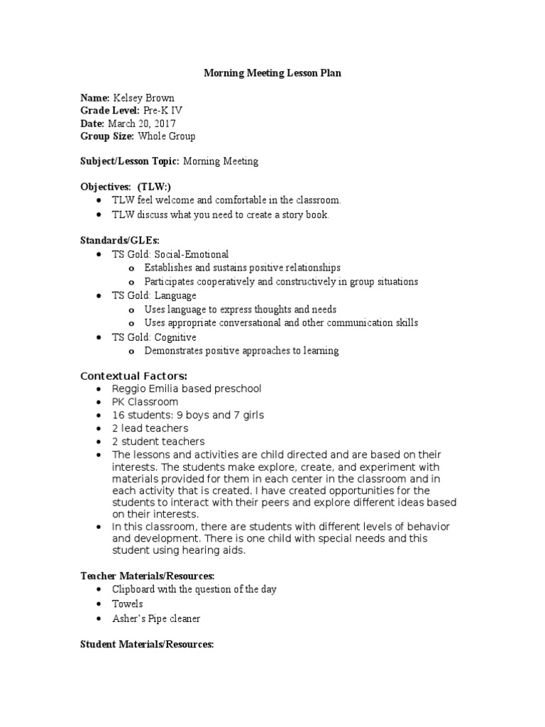 Full Week Morning Meeting Lesson Plan | PDF | Lesson Plan | Classroom
