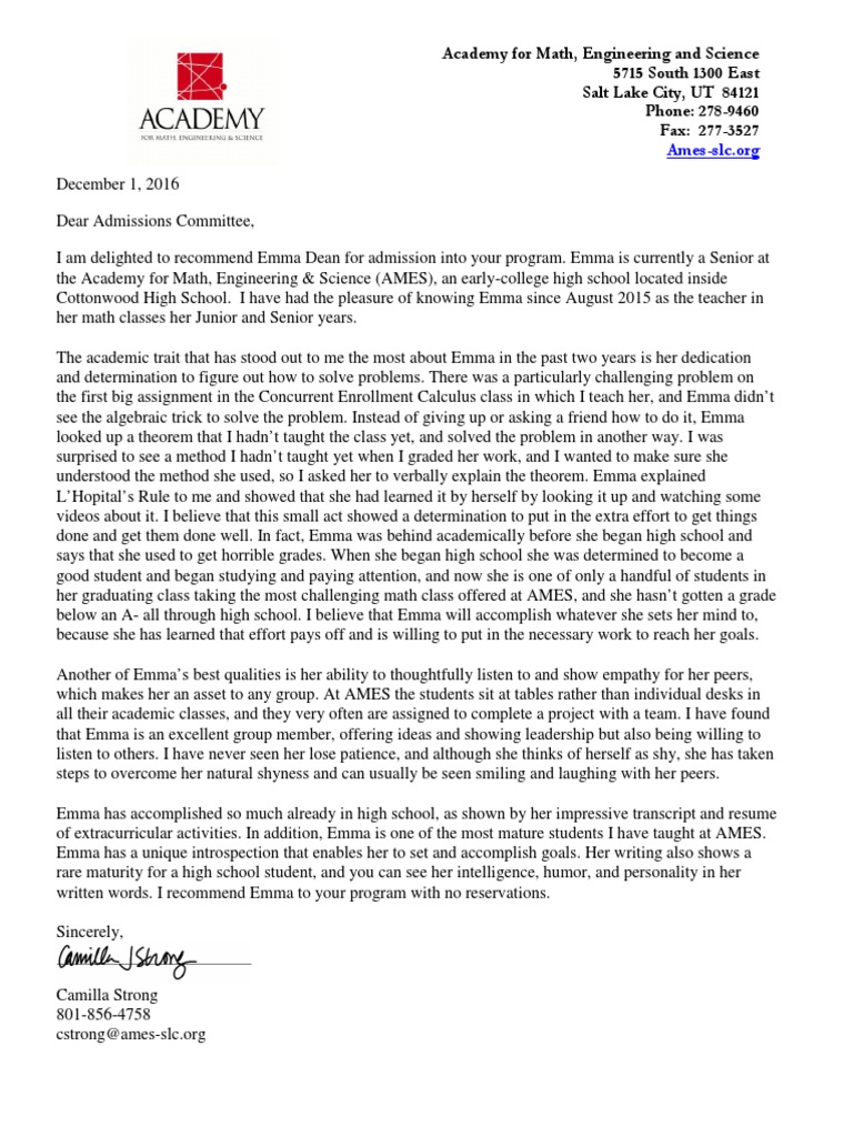 Emma Dean 2016 Letter of Recommendation | PDF | Secondary School | Shyness