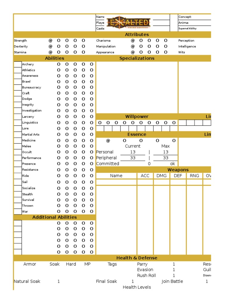 Exalted 3e Character Sheet | PDF | Role Playing Games | Entertainment