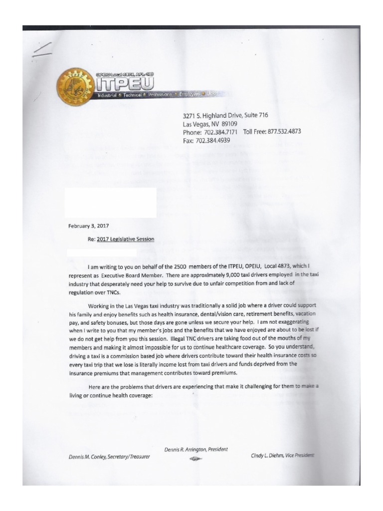 Taxi Union Letter