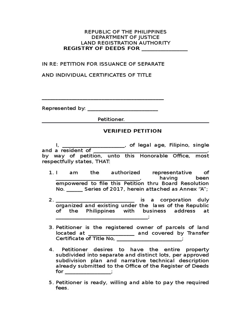 Sampl Petition For Separate Title | PDF | Government | Government Information
