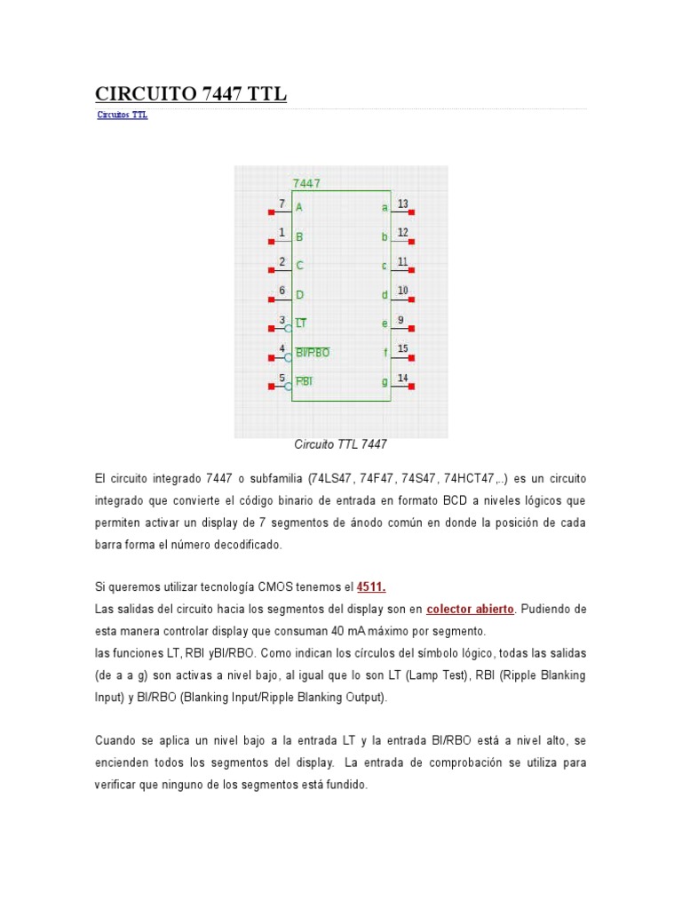 Circuito Integrado 7447: Decodificador BCD | PDF | Decimal codificado ...