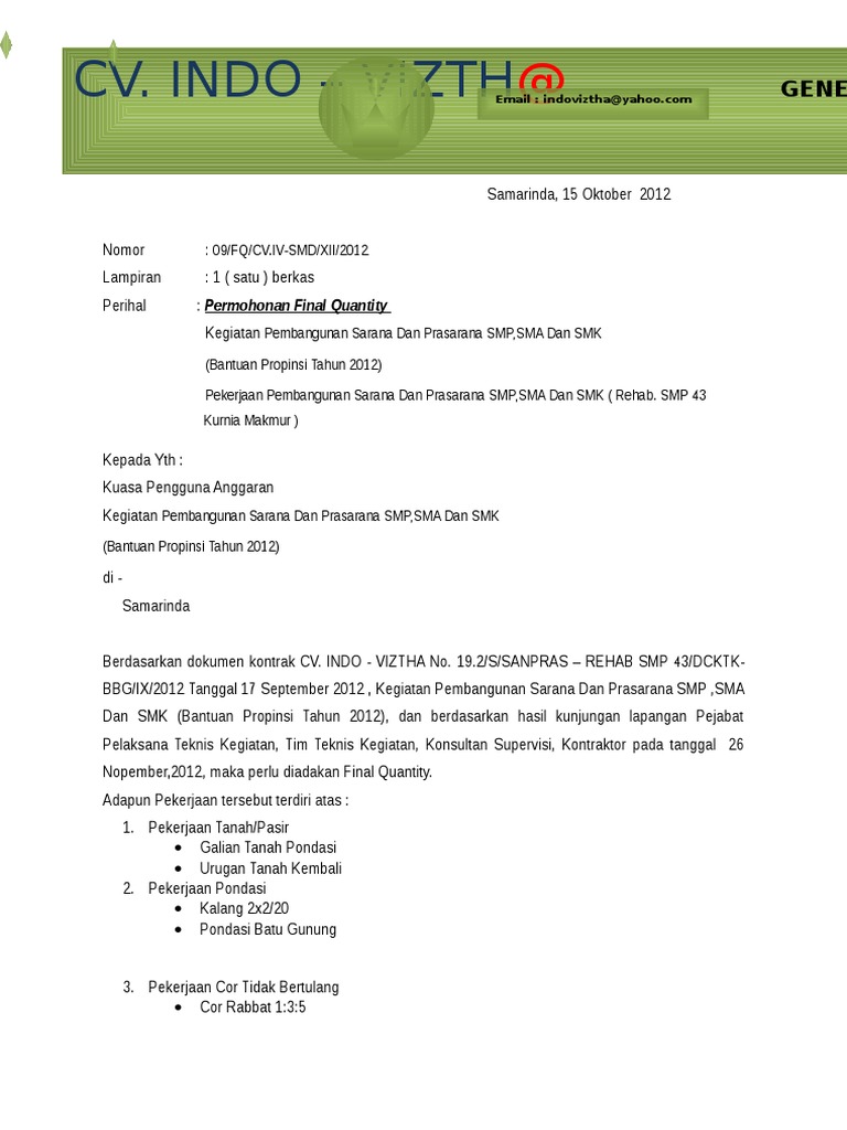 Permohonan Final Quantity Proyek SMP | PDF