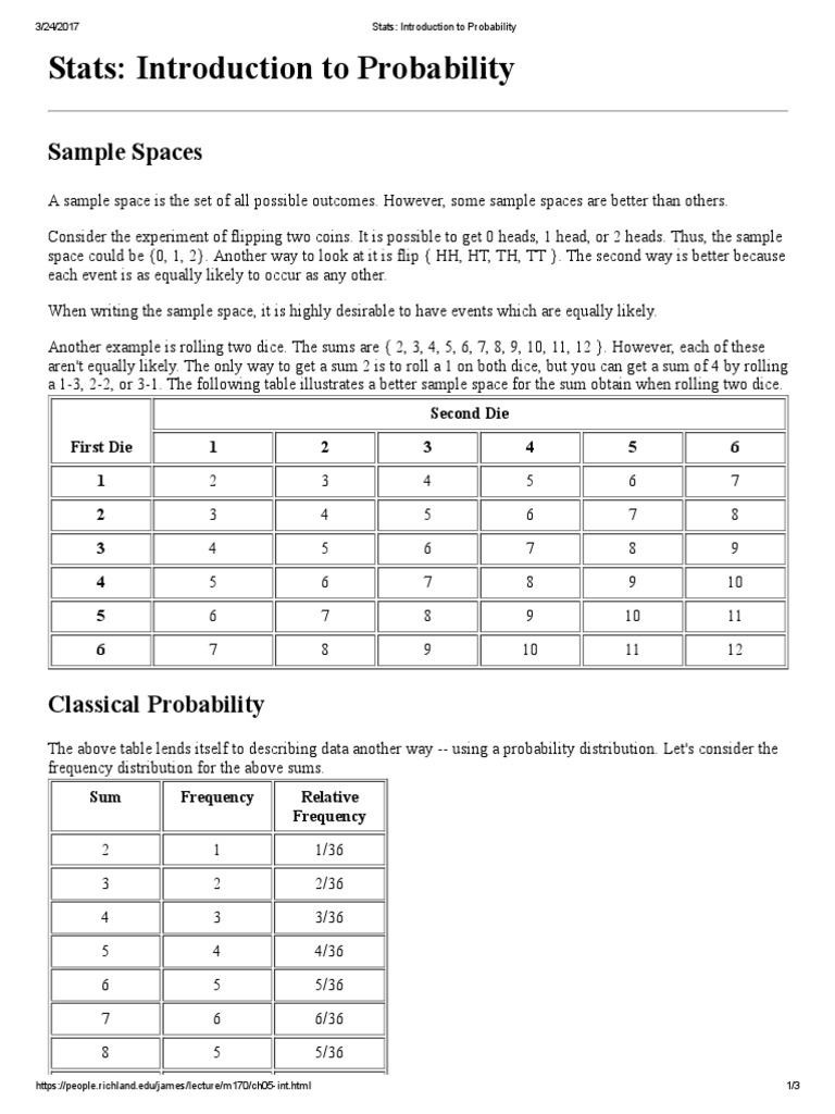 Stats: Introduction To Probability: Sample Spaces | PDF | Probability | Probability Distribution