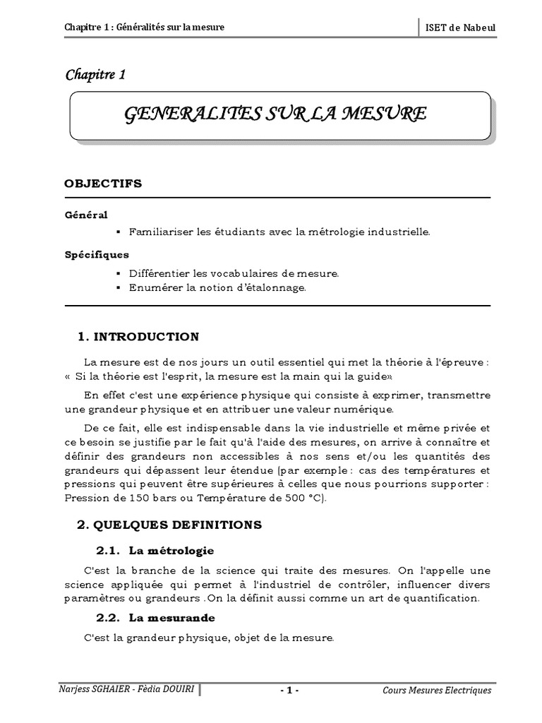 Chapitre 1 Generalites Sur La Mesure PDF | PDF