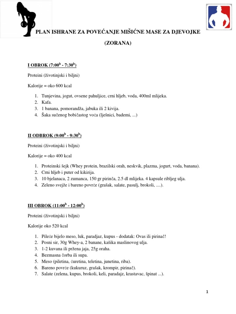 Plan Ishrane Za Povecanje Mišicne Mase Za Djevojke PDF | PDF