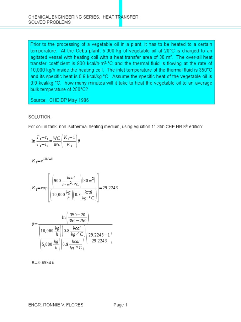Chemical Engineering Series: Heat Transfer Solved Problems: T t T t WC ...