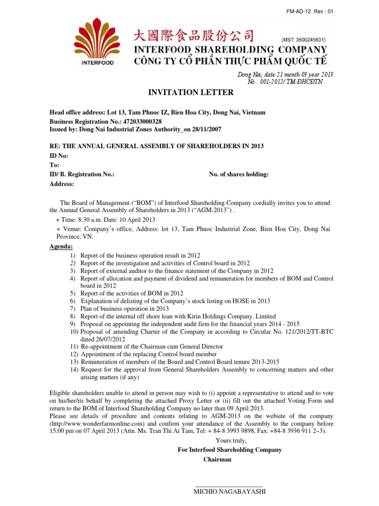 Invitation Letter AGM-2013 - E | PDF | Board Of Directors | Corporations