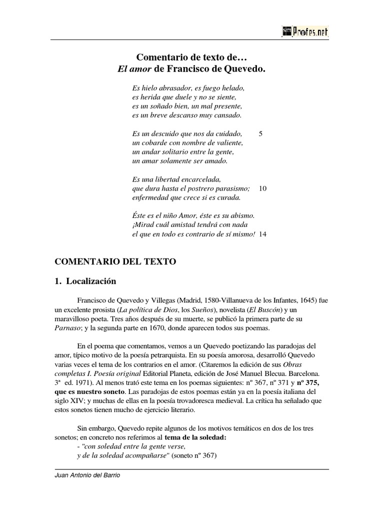 Comentario-Texto-El Amor de Quevedo | PDF | Sonetos | Poesía
