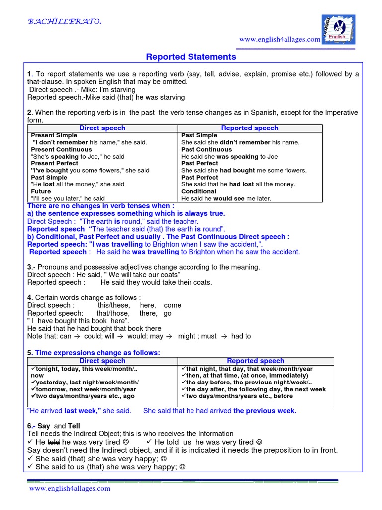 Reported Speech. Statements | PDF | Verb | Languages