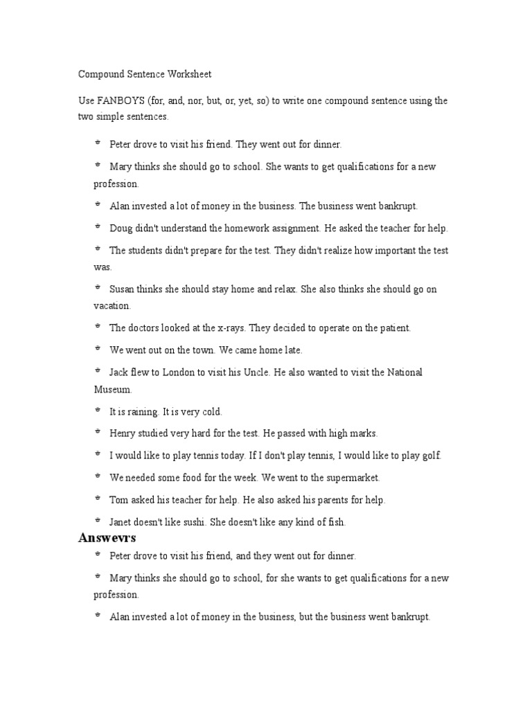 Compound Sentences Practice Worksheet | PDF