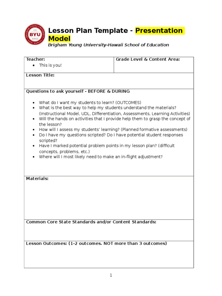 Presentation Model Lesson Plan Template | PDF | Lesson Plan ...