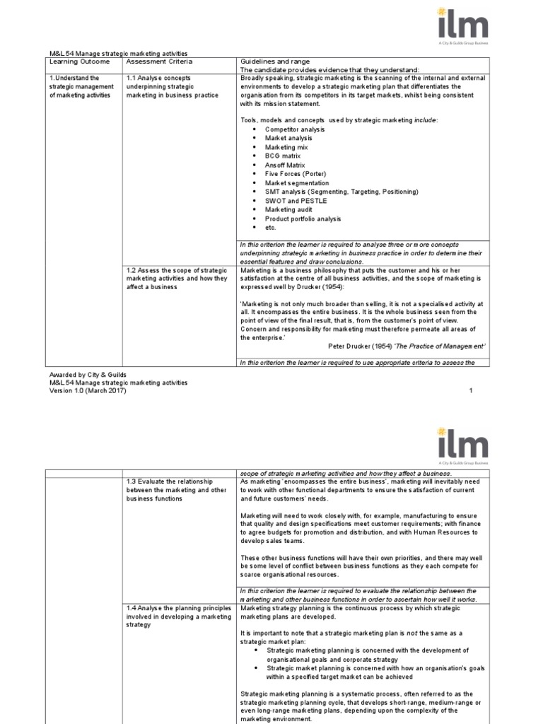 Manage Strategic Marketing Activities ILM Assessment Guidance (ML54 ...