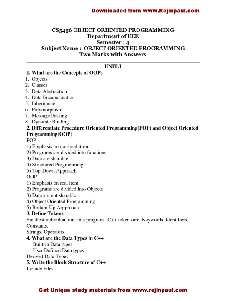 Cs6456 Object Oriented Programming2 Marks Pdf Java Programming 2734