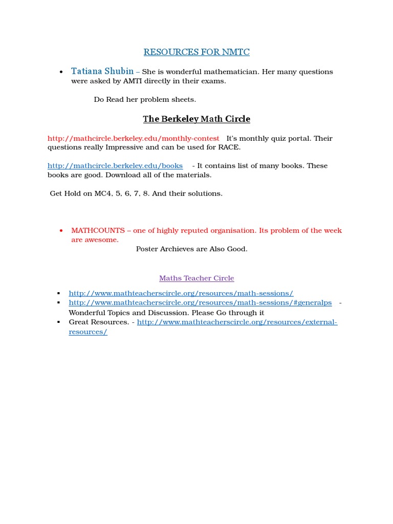 Resources For NMTC Tatiana Shubin: The Berkeley Math Circle | PDF | Teaching Mathematics | Learning