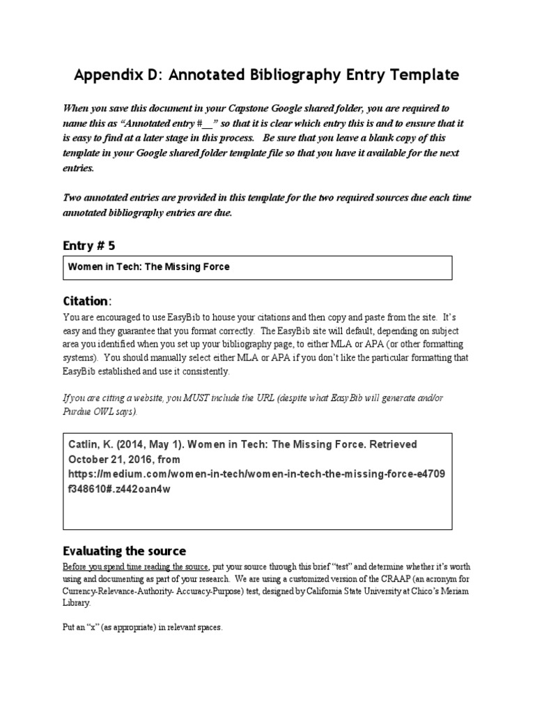 Appendix D: Annotated Bibliography Entry Template | PDF | Citation ...