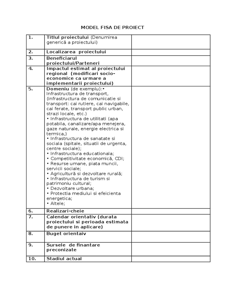 Model Fisa de Proiect