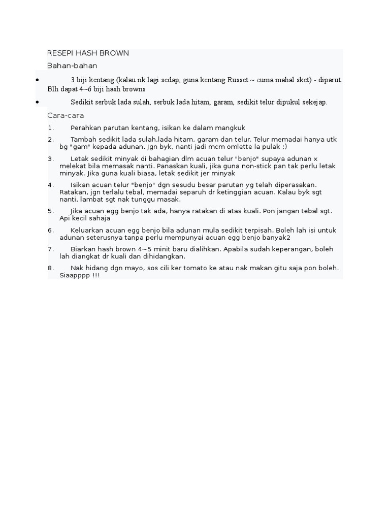 Resepi Hash Brown | PDF