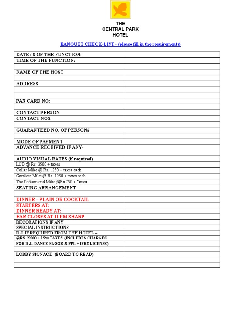 Banquet Dinner Checklist | PDF | Finance & Money Management
