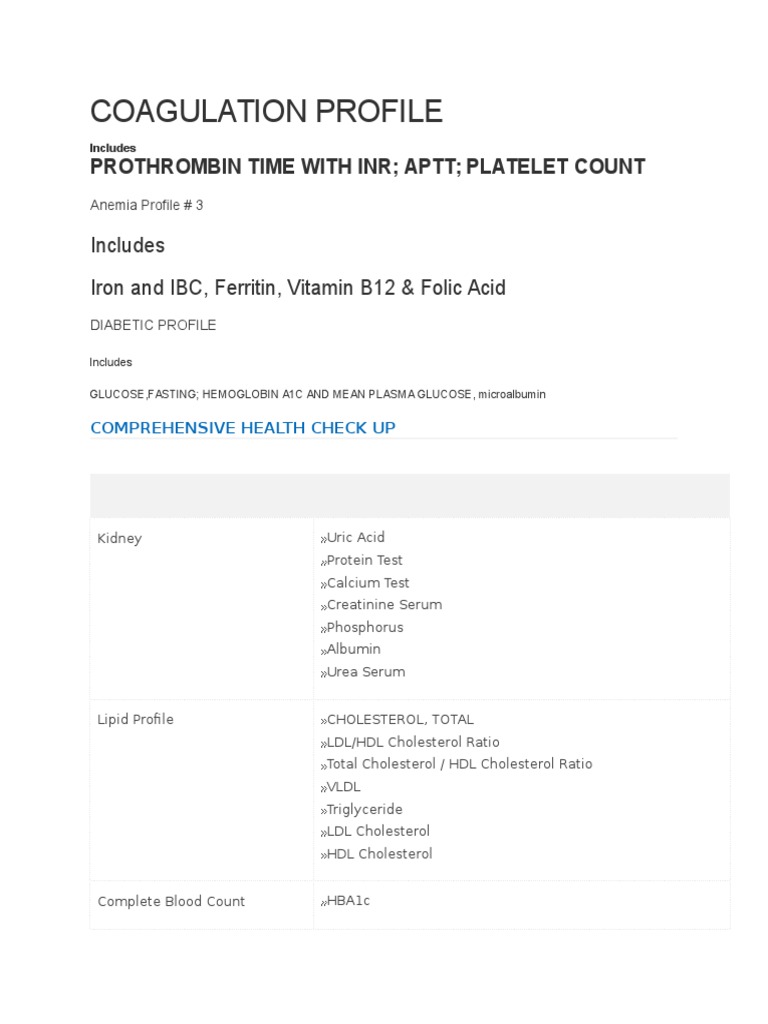 Coagulation Profile: Prothrombin Time With Inr Aptt Platelet Count | PDF